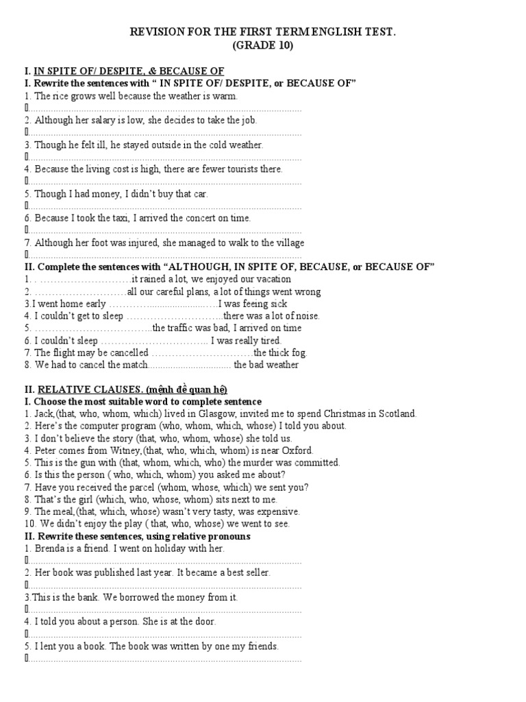 Revision For The First Term English Test. (GRADE 10) | PDF