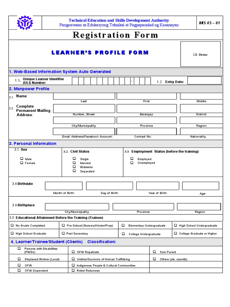 Tesda Learners Profile Form Mis 03 01 | PDF | English As A Second Or ...