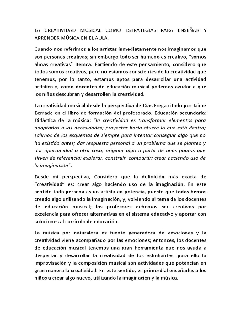 Creatividad Musical en la Educación | PDF | Creatividad | Maestros