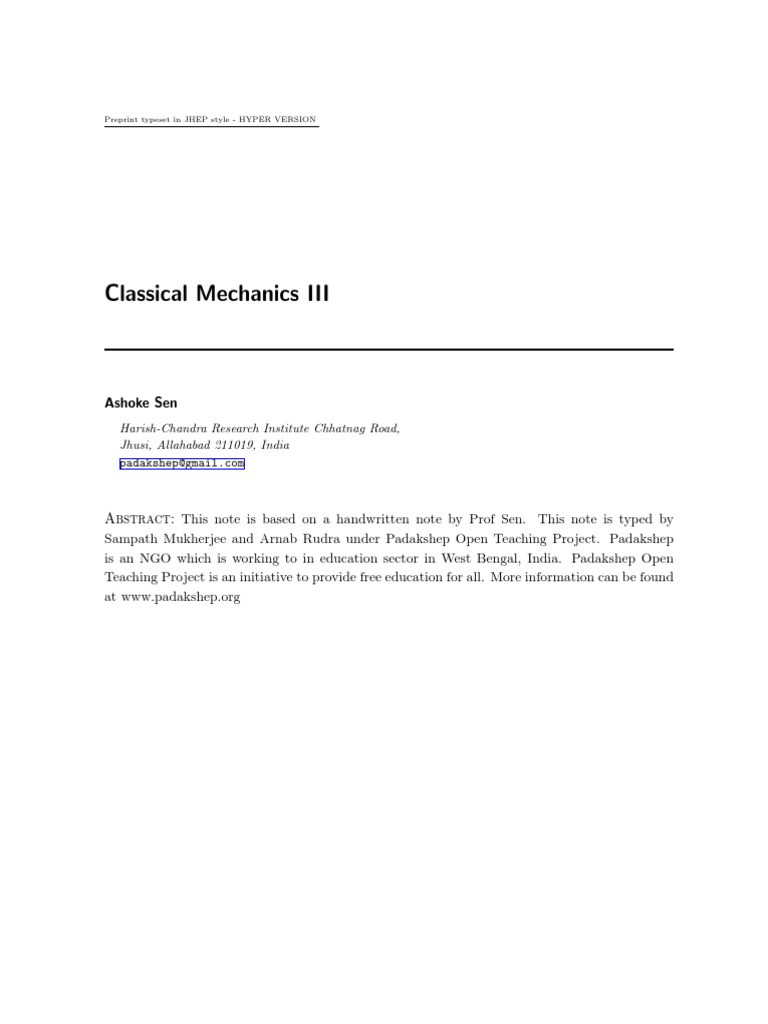 Classical Mechanics III: Ashoke Sen | PDF | Rotation Around A Fixed Axis | Angular Momentum