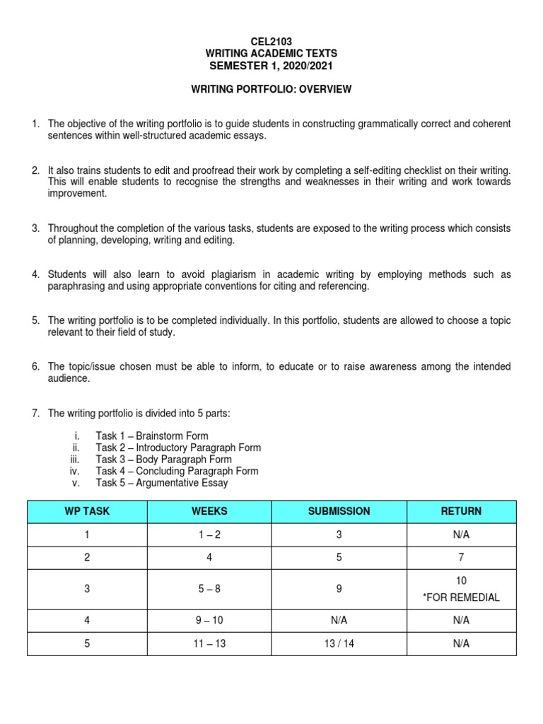 Cel 2103 - Writing Portfolio - Overview & Timeline PDF | PDF