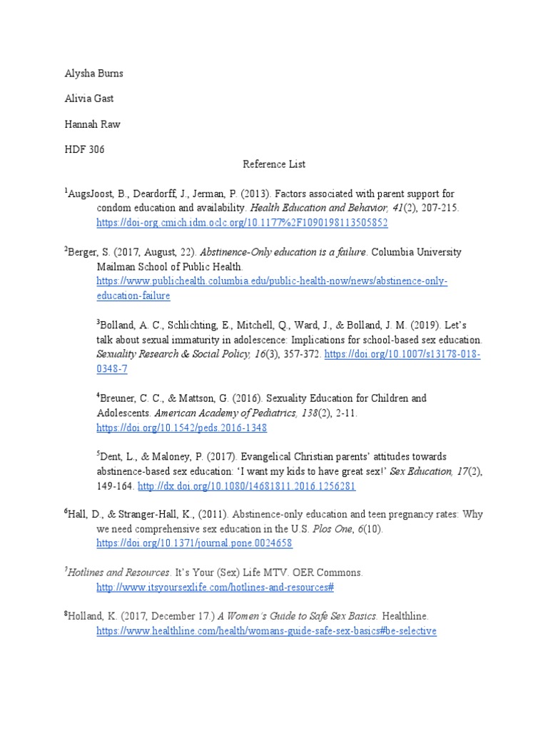 Reference List Sex Education 1 Pdf Sex Education Adolescence