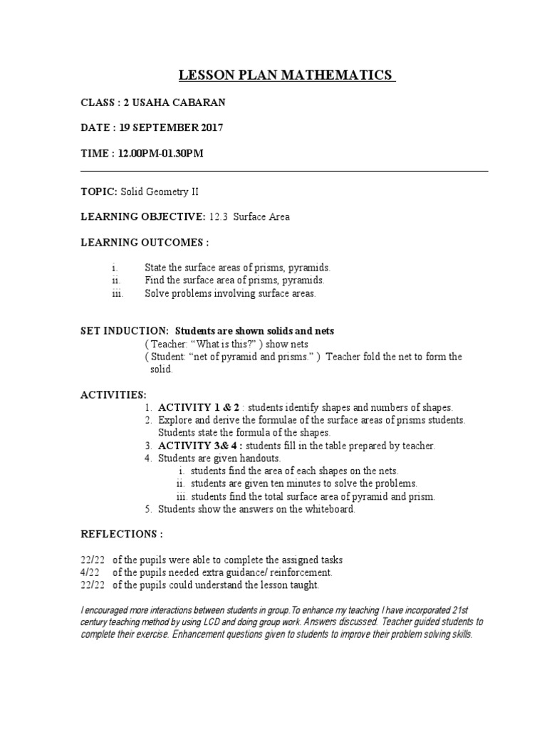 Lesson Plan Form 2 | PDF | Area | Length