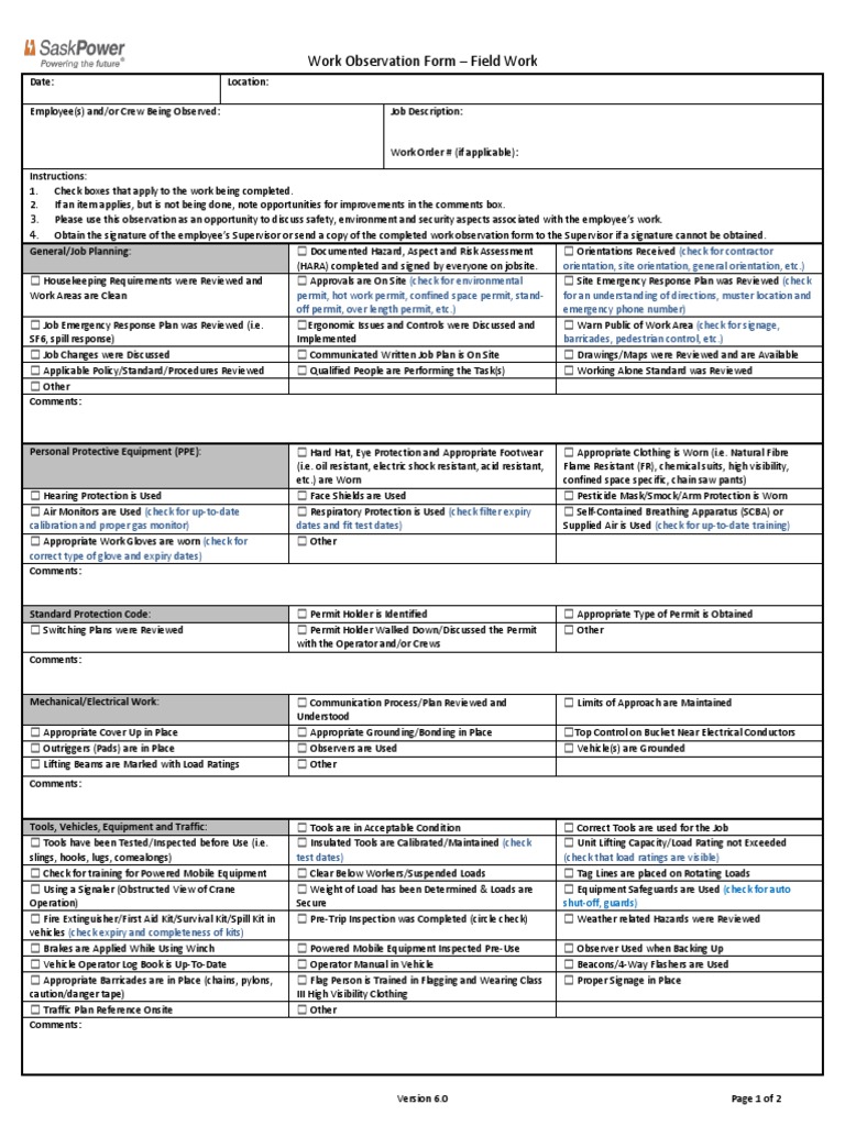 Work Observation Form - Field Work: Instructions | PDF | Dangerous ...