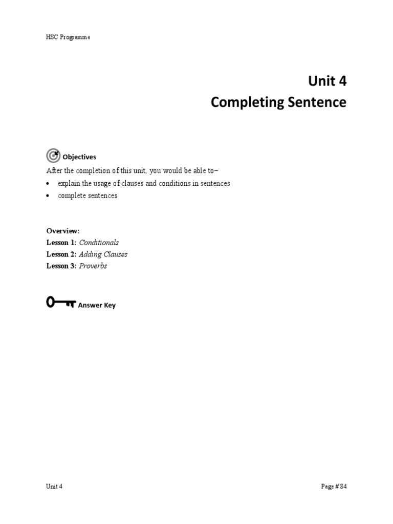 Unit 4 Completing Sentence: Objectives | PDF | Sentence (Linguistics ...
