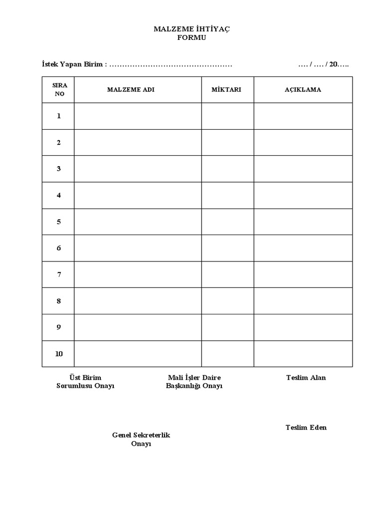 Excel Satın Alma Talep Formu şablonu