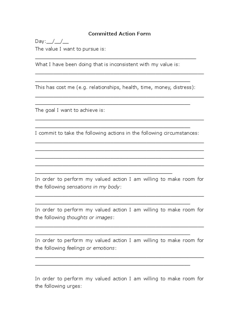 Committed Action Form and Values Pursuit Guide | PDF | Feeling | Thought