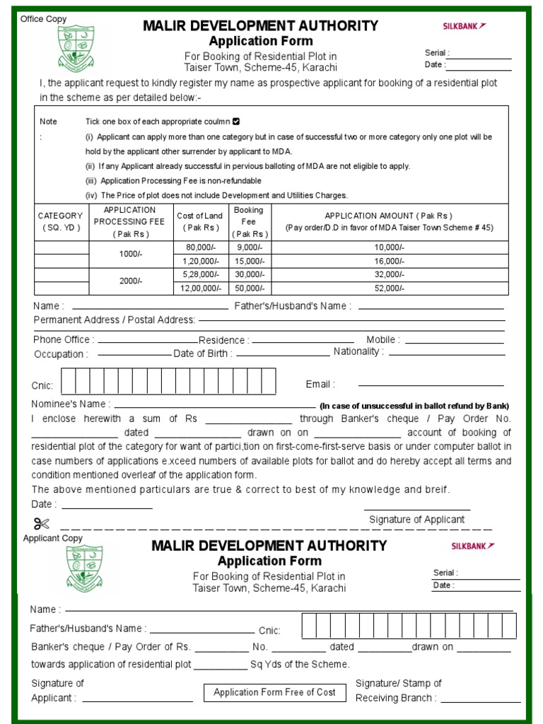 Malir Development Authority: Application Form | PDF | Fee | Lease
