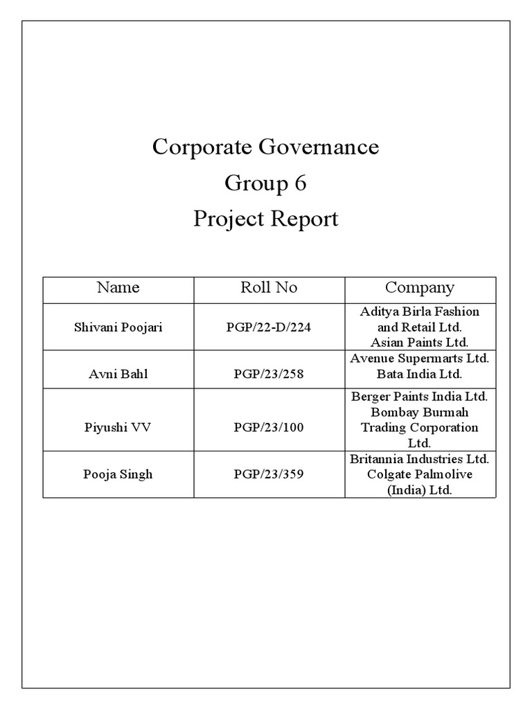 Corporate Governance Group 6 Project Report: Name Roll No Company | PDF | Board Of Directors ...