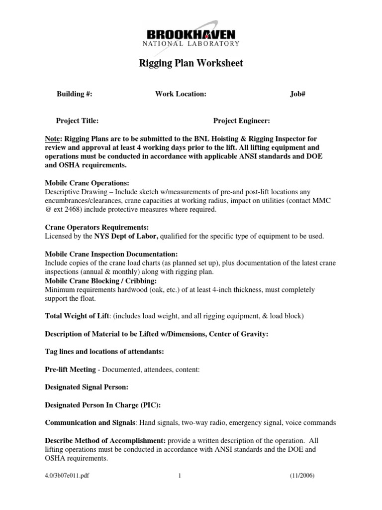 Rigging Plan Worksheet: 4.0/3b07e011.pdf 1 (11/2006) | PDF | Crane ...