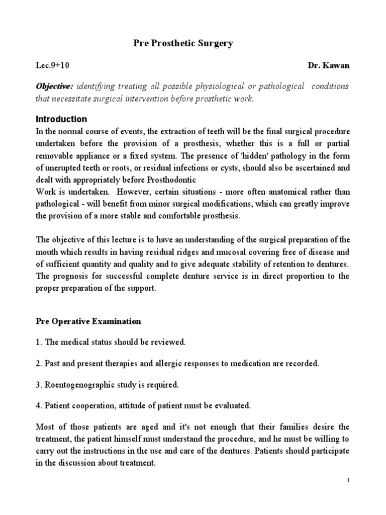 Pre-Prosthetic Surgery Overview | PDF | Dentures | Mouth