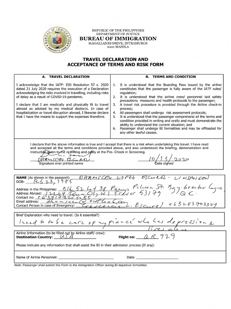 BOI Travel Declaration and Acceptance of Terms and Risks Form | PDF