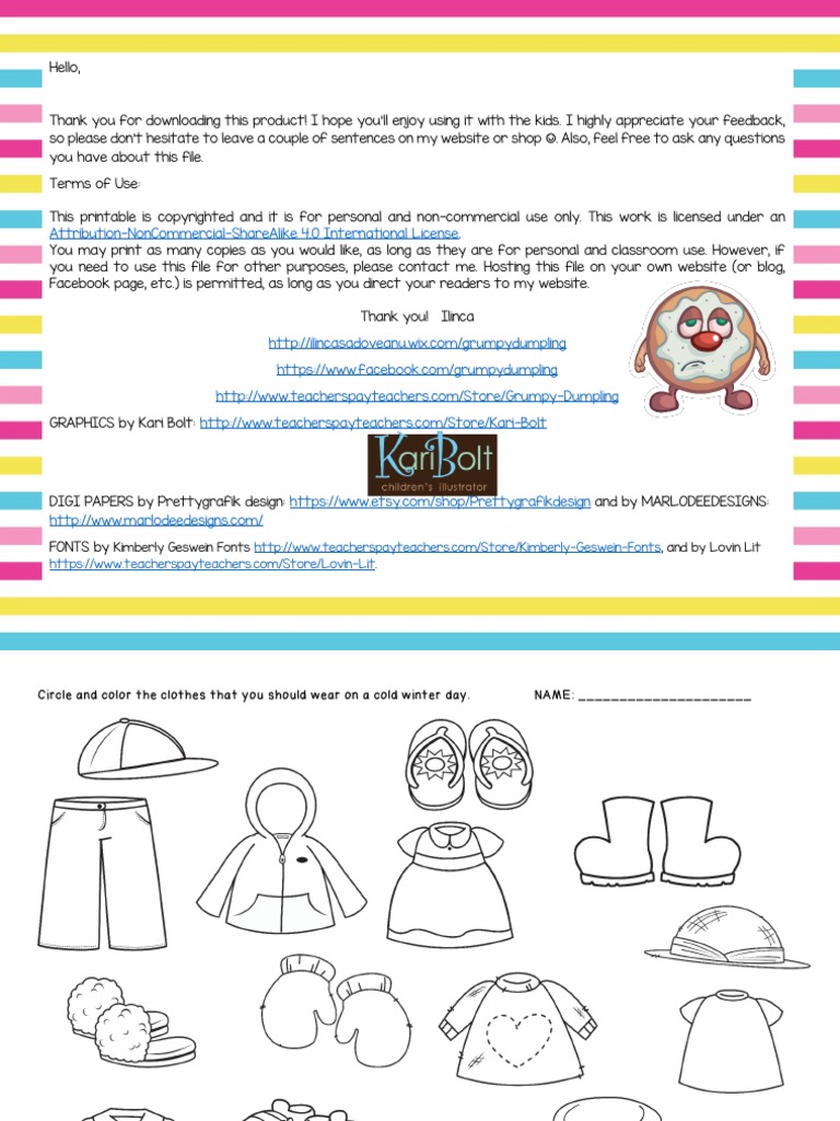 Winter Clothes Sorting Worksheet FREEBIE