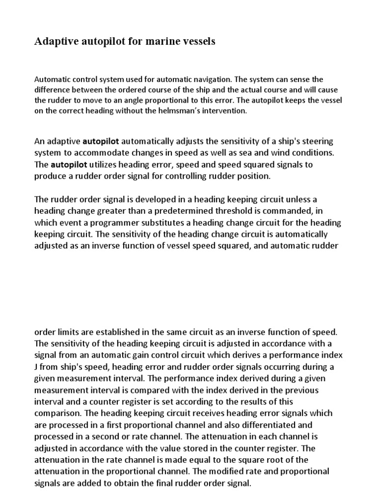 Adaptive Autopilot For Marine Vessels | PDF | Rudder | Ships
