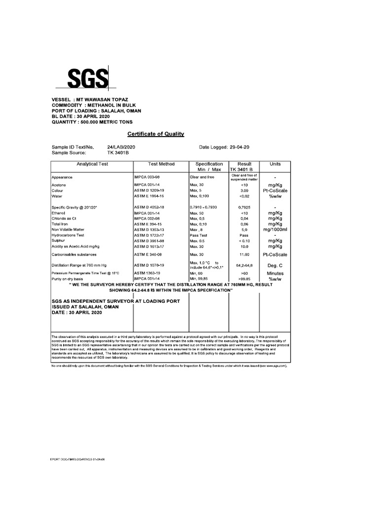 Methanol Coa PDF | PDF