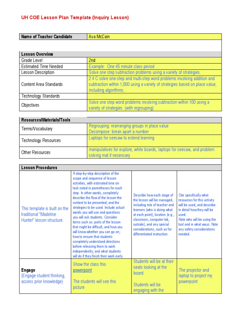 Lesson Plan-Inquiry Subtraction Regrouping 1 | PDF | Educational ...