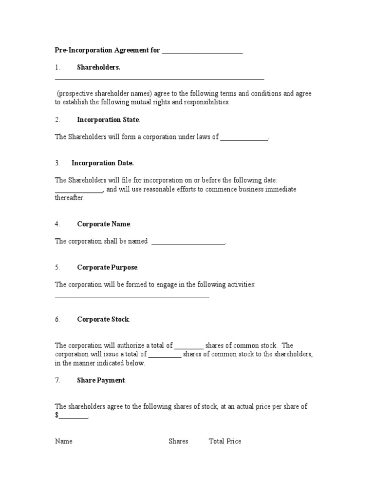 Sample Pre Incorporation Agreement | PDF | Stocks | Corporations