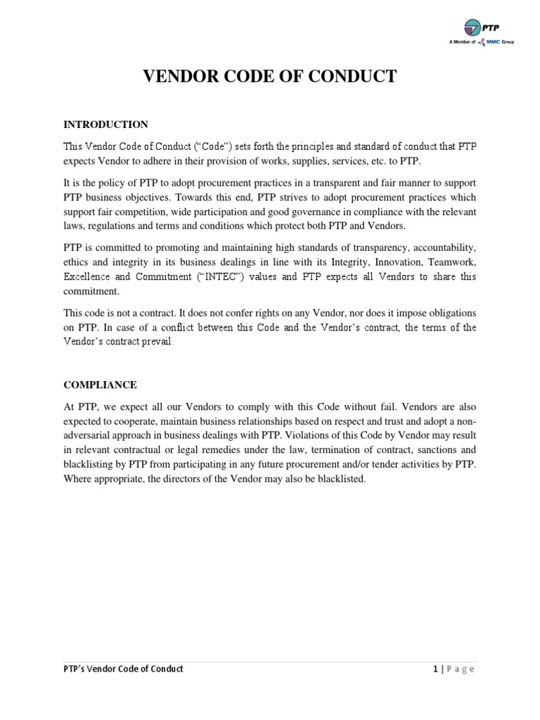 PTP's Vendor Code of Conduct 1 | PDF | Regulatory Compliance | Integrity