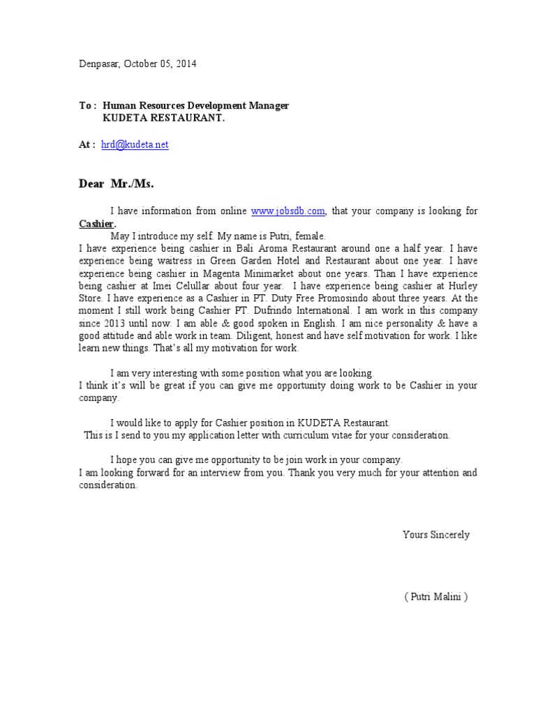 Application Letter Putri For Cashier | Download Free PDF | Psychological Concepts | Cognition