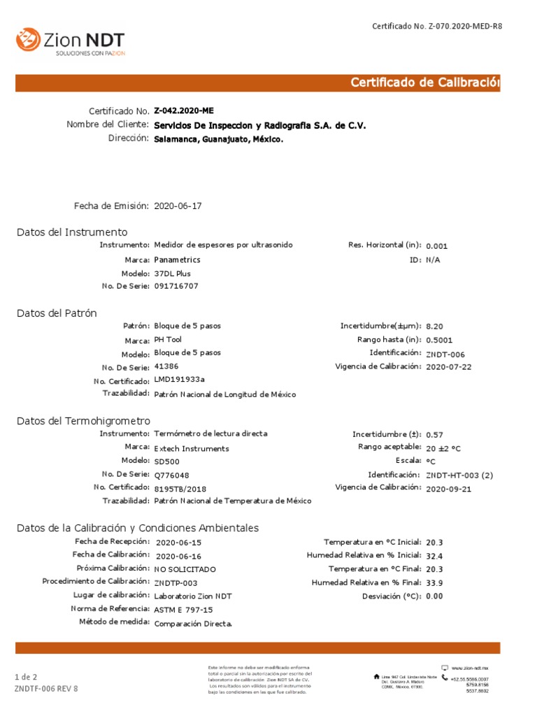 Certificado de Calibración de Medidor de Espesores Por Ultrasonido PDF ...