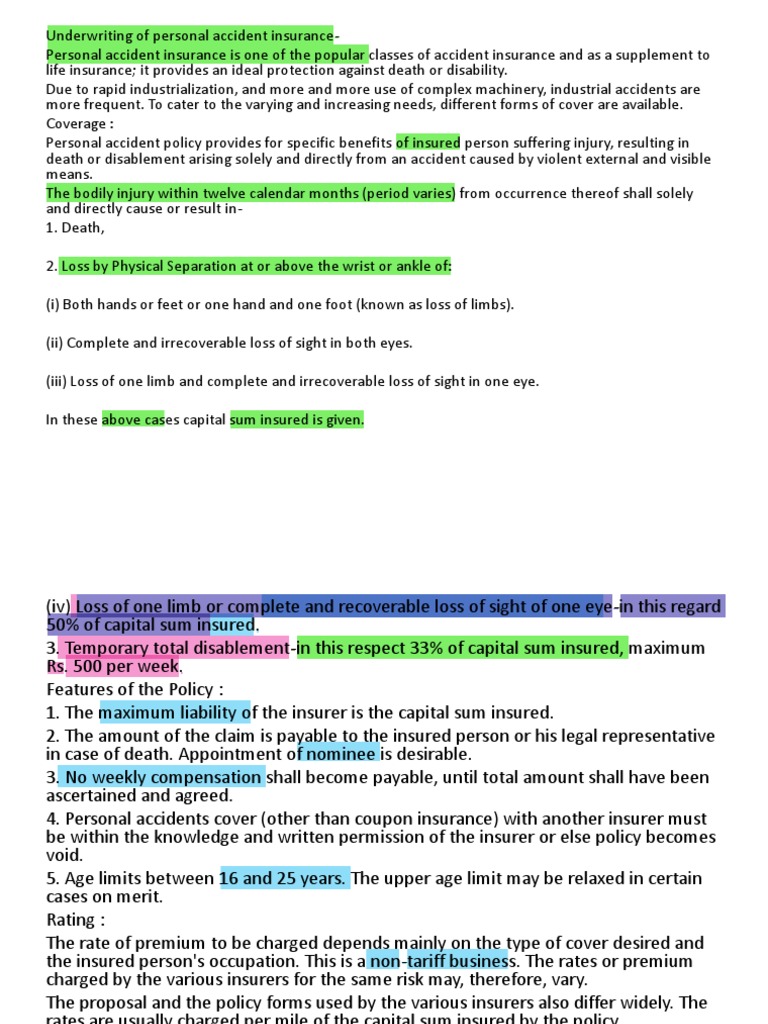 Personal Accident Insurance Underwriting Guide | PDF | Underwriting ...