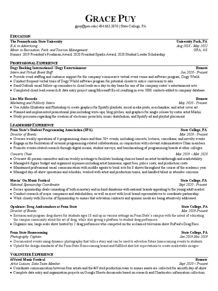 Penn State Advertising Graduate Resume | PDF | Pennsylvania State ...