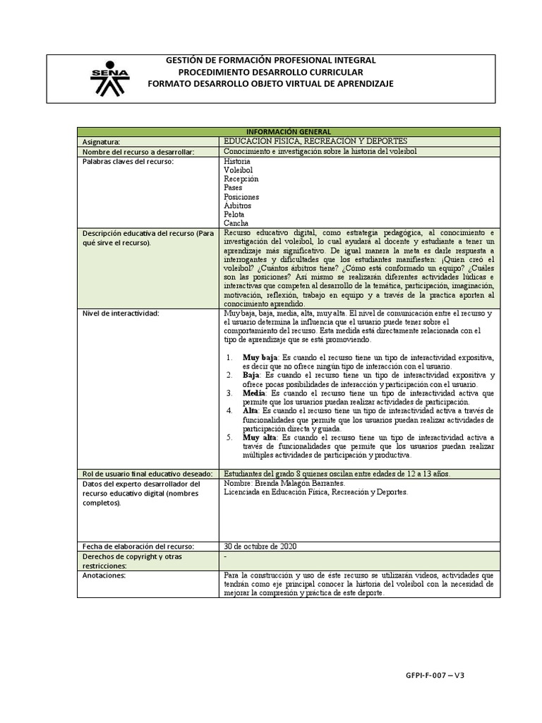 Formato Diseno Objeto Aprendizaje AA4 EV1 | PDF | Interactividad | Vóleibol