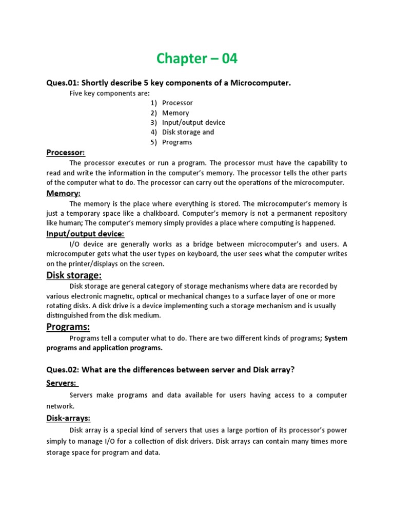 Chapter - 04: Ques.01: Shortly Describe 5 Key Components of A Microcomputer | PDF | Computer ...