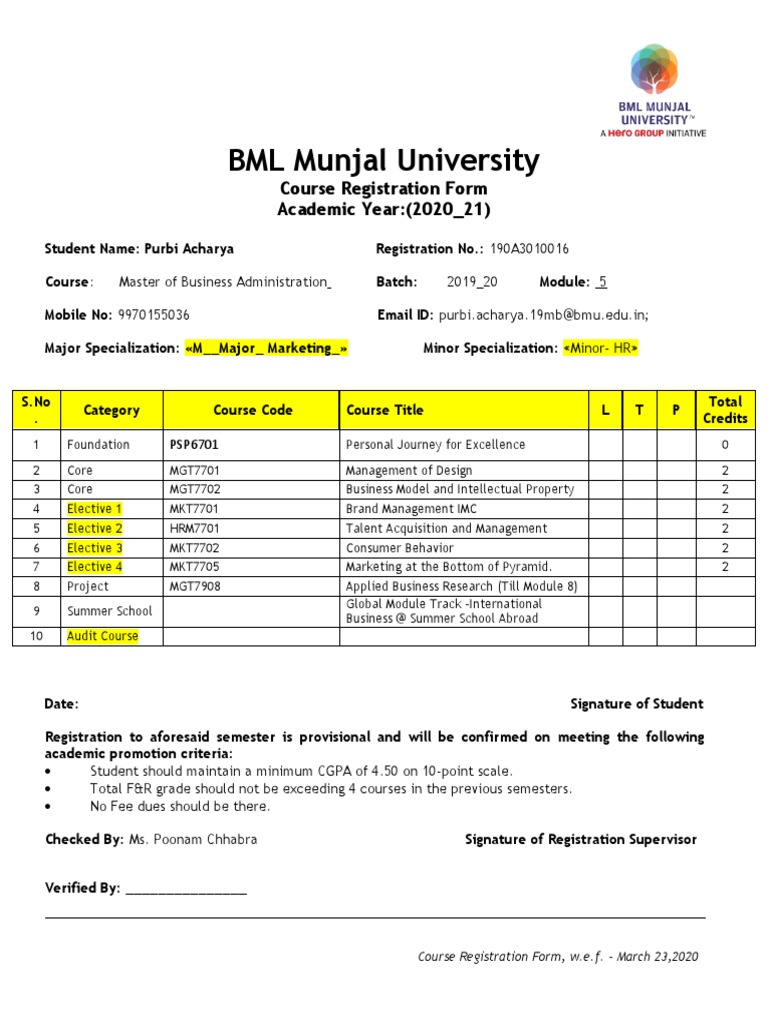 BML Munjal University: Course Registration Form Academic Year: (2020 ...