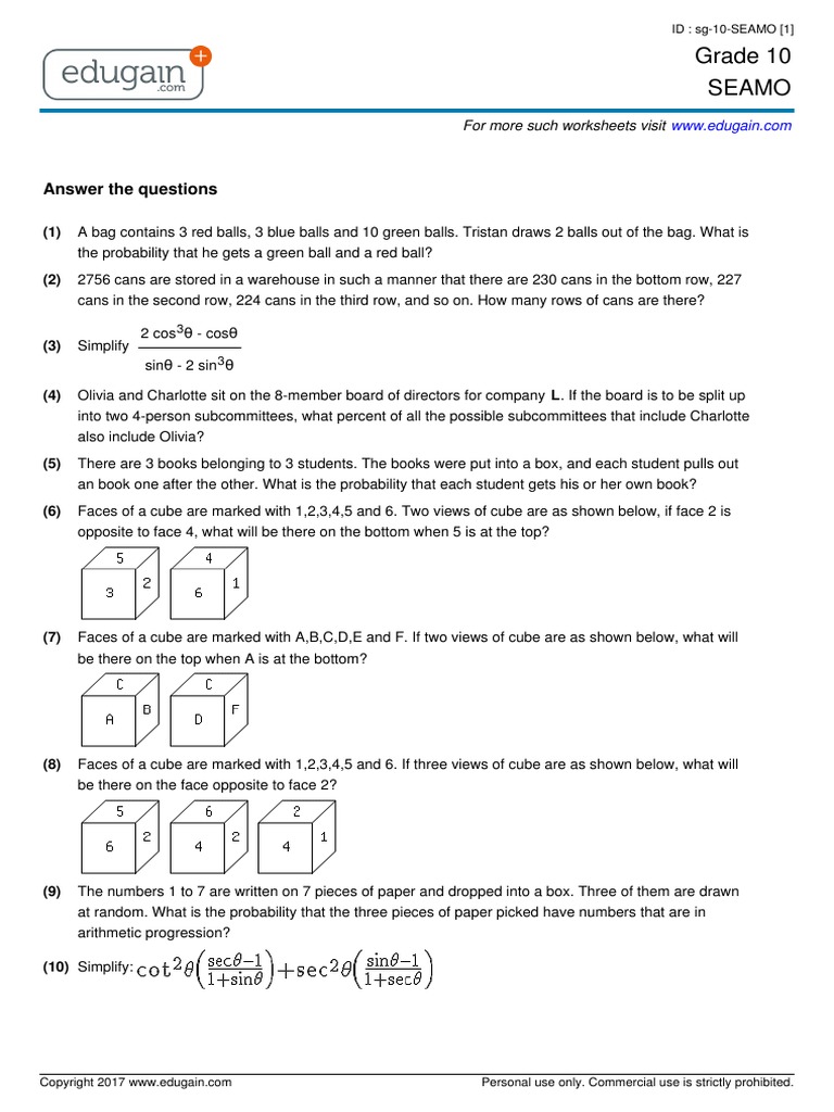Grade 10 Seamo: Answer The Questions | PDF | Mathematical Concepts ...