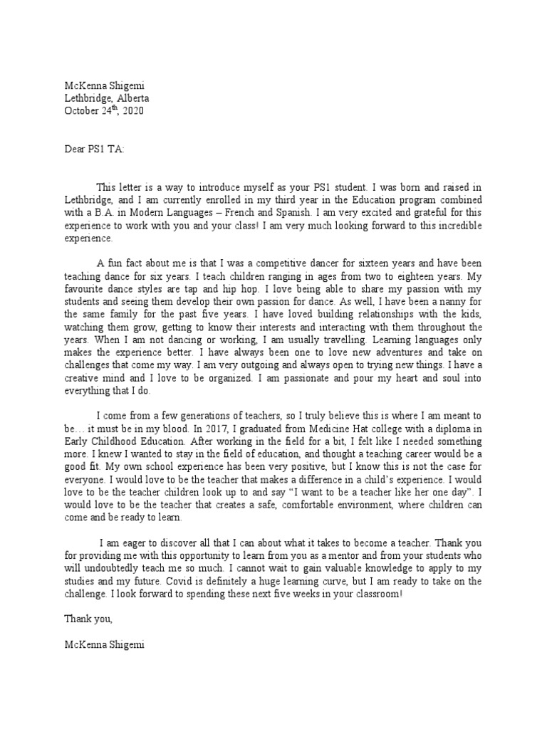 ps1 Introduction Letter For E-Portfolio | PDF | Dances | Teachers