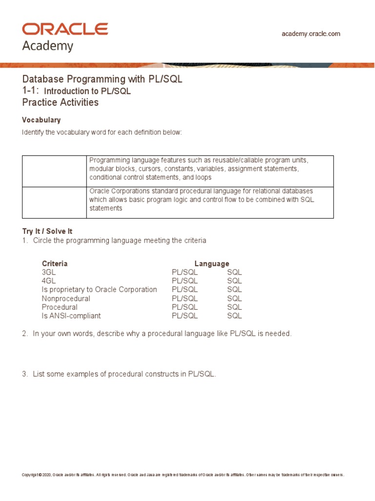 Database Programming With PL/SQL 1-1: Practice Activities | PDF | Pl/Sql | Sql