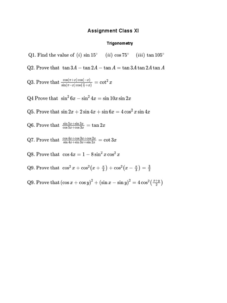 Assignment Class XI: Trigonometry | PDF