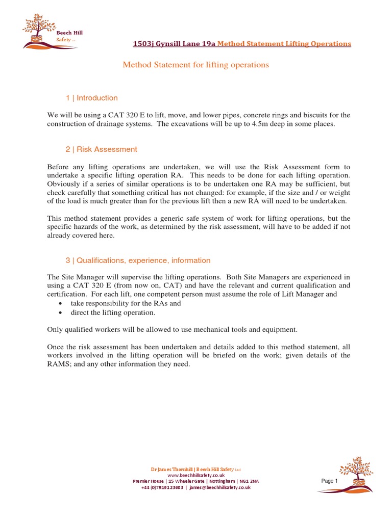 Method Statement For Lifting Operations: 1 - Introduction | PDF | Risk ...