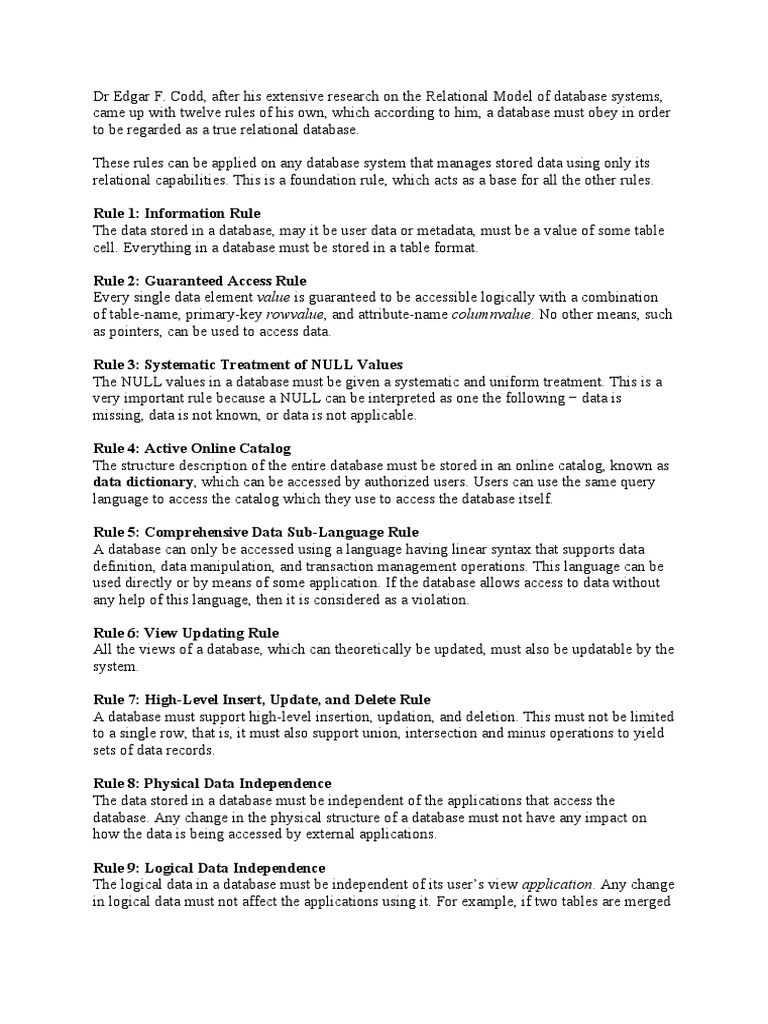 Codd Rules | PDF | Relational Database | Databases