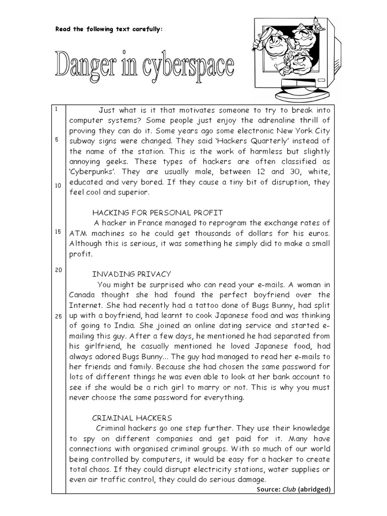Danger in Syberspace Reading Comprehension Exercises - 96952 | PDF ...