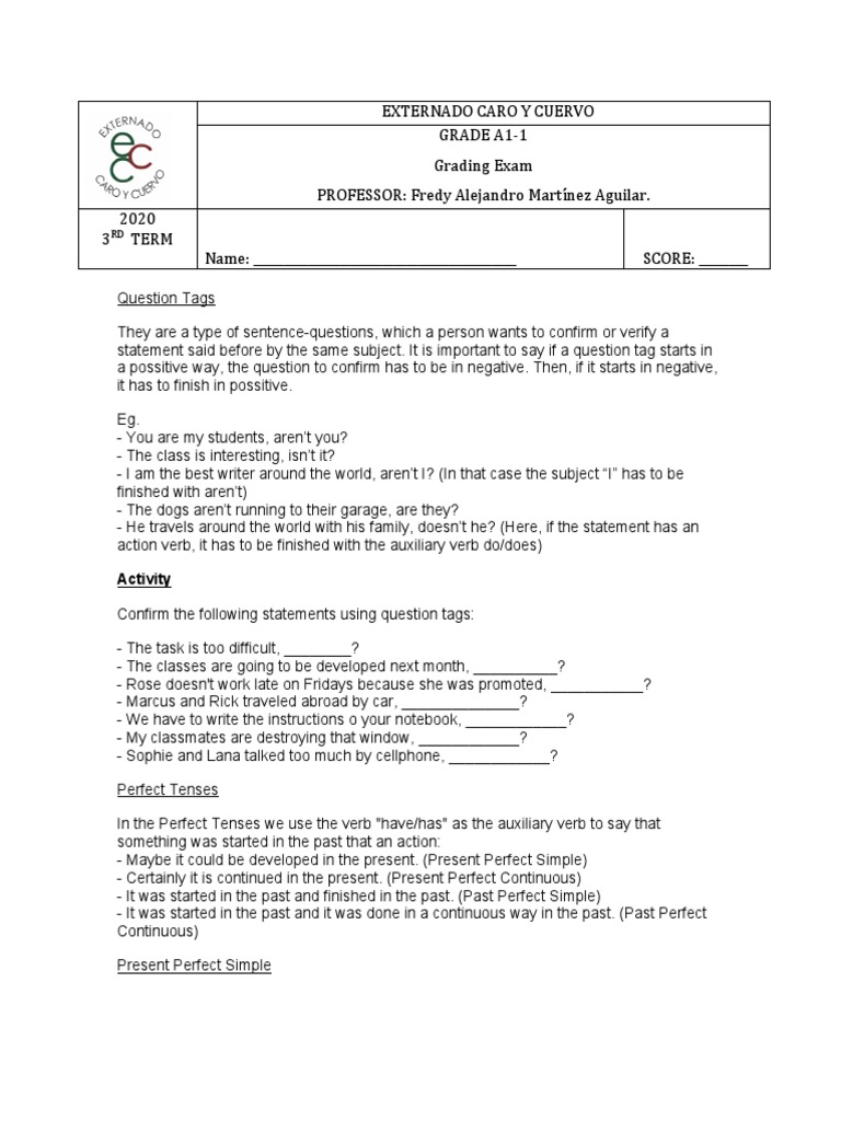 3er Per - Grading Workshop A1-1 | PDF | Verb | Grammar