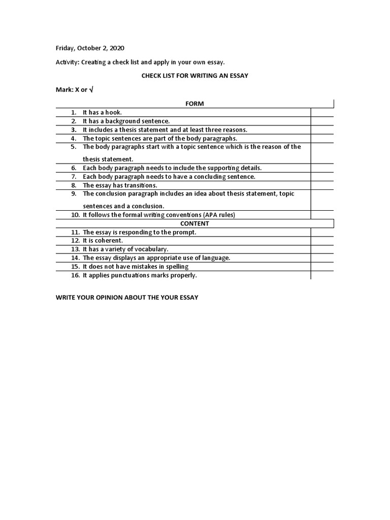 Check List For Writing An Essay | PDF