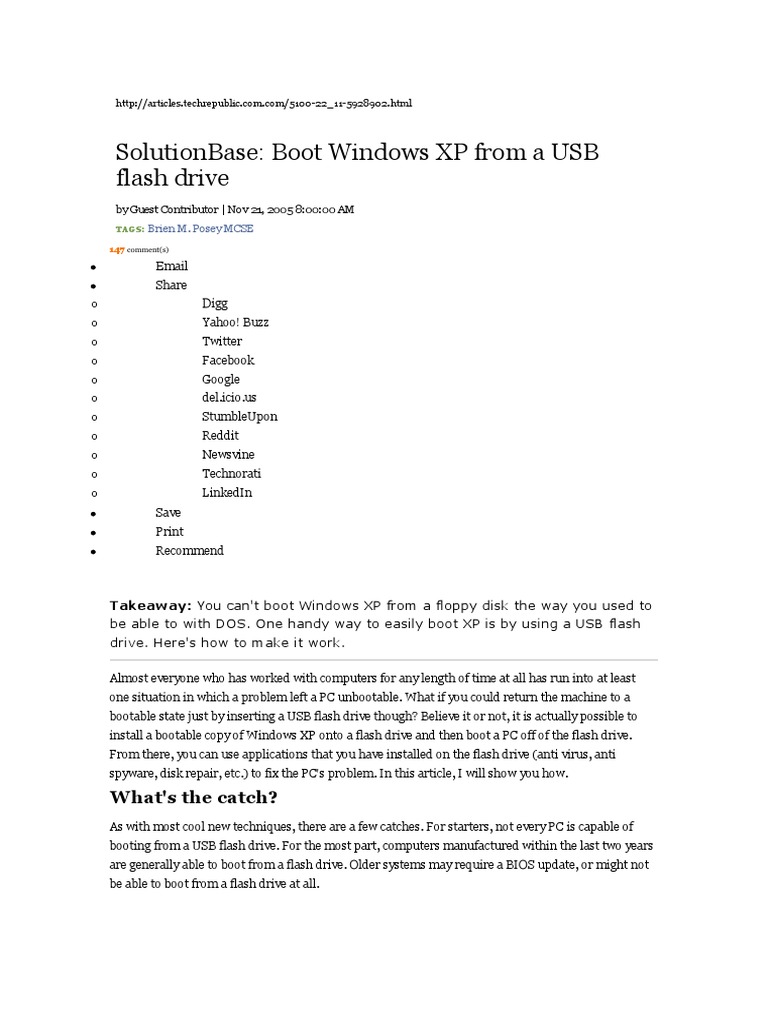 Solutionbase: Boot Windows XP From A Usb Flash Drive: What'S The Catch ...
