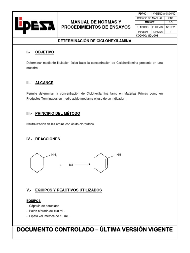 MDL-006-Determinación de Ciclohexilamina | PDF | Ácido clorhídrico ...