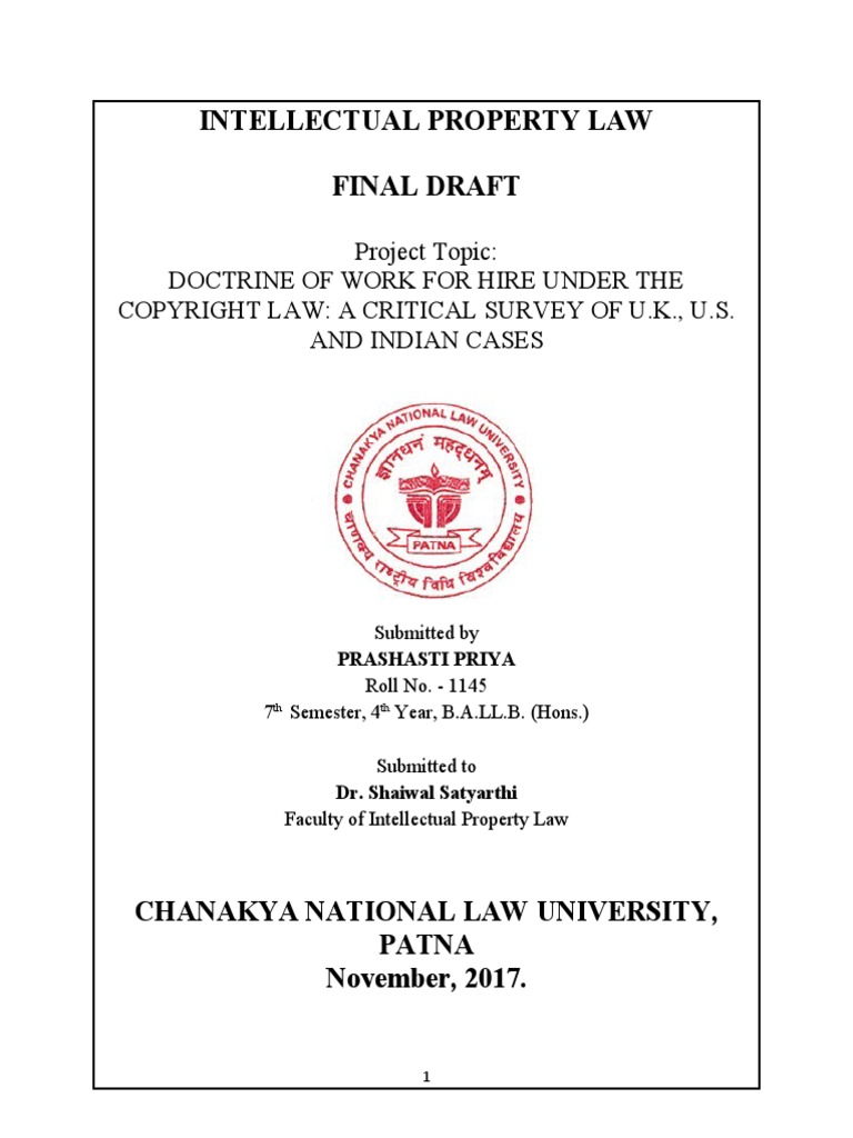 Intellectual Property Law Final Draft: Project Topic: Doctrine of Work ...