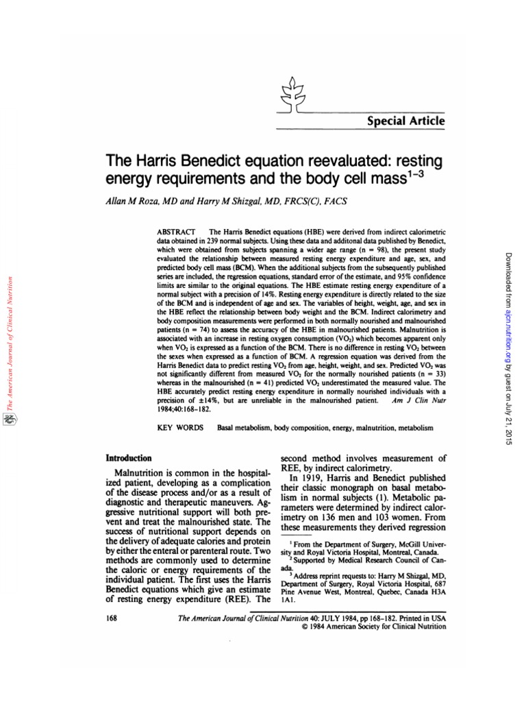 The Harris Benedict Equation Reevaluated - Resting Energy Requirements ...