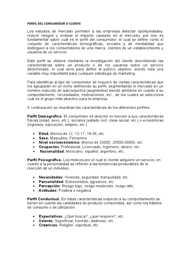 Perfil Del Consumidor o Cliente | PDF | Cliente | Los consumidores