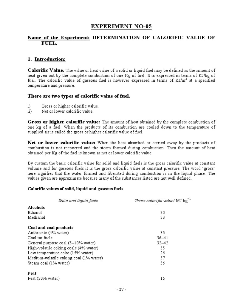 Experiment No-05: Name of The Experiment: Determination of Calorific Value of Fuel. Calorific ...