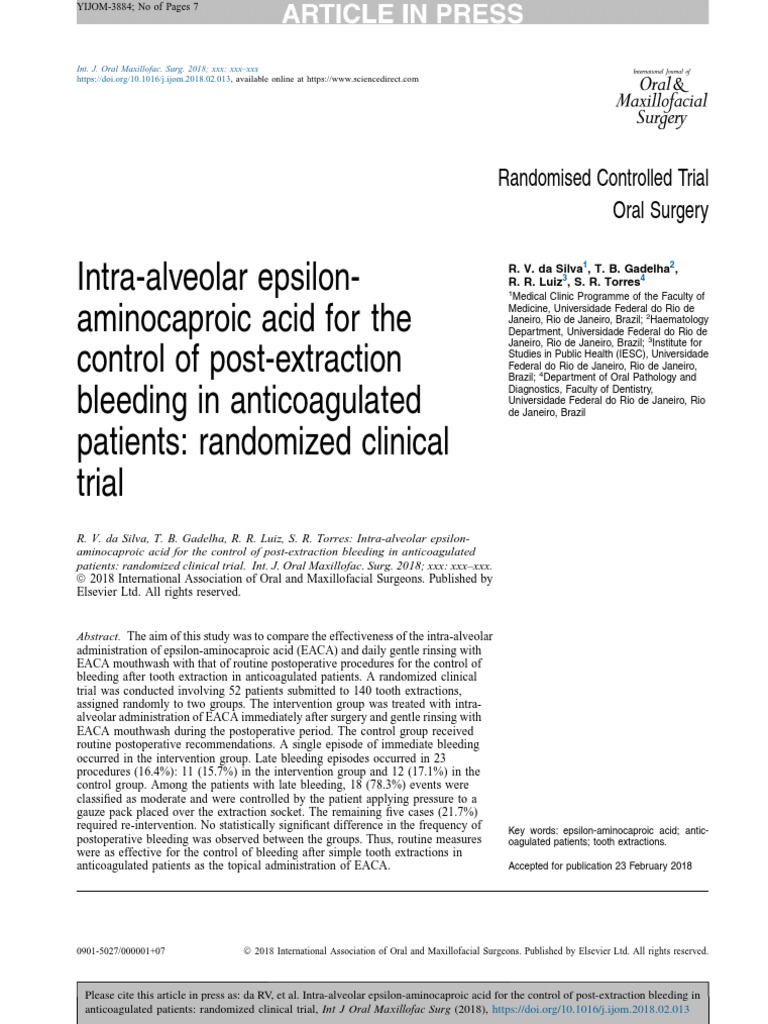 Intra-Alveolar Epsilon-Aminocaproic Acid For The Control of Post ...