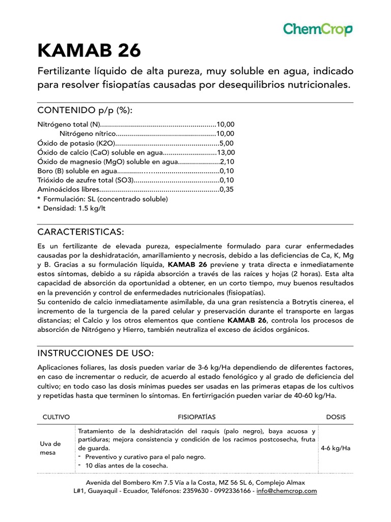 Kamab 26: Fertilizante Líquido Nutricional | PDF | Calcio | Fertilizante