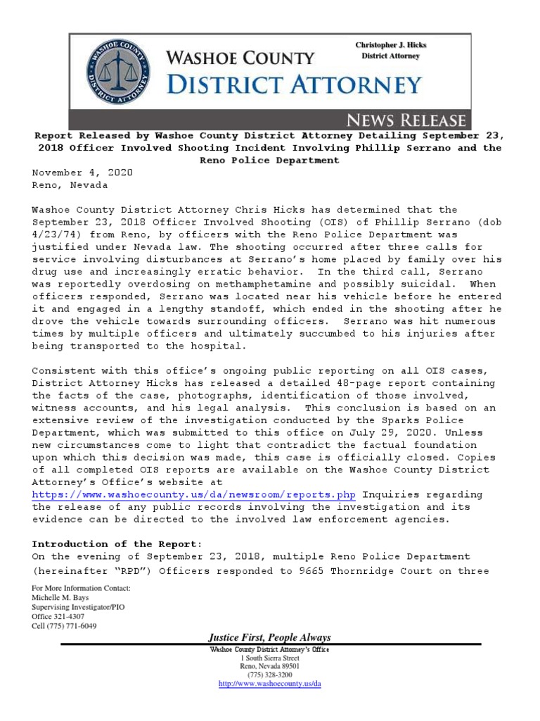 Phillip Serrano. OIS Report | PDF | Reno | Forensic Science