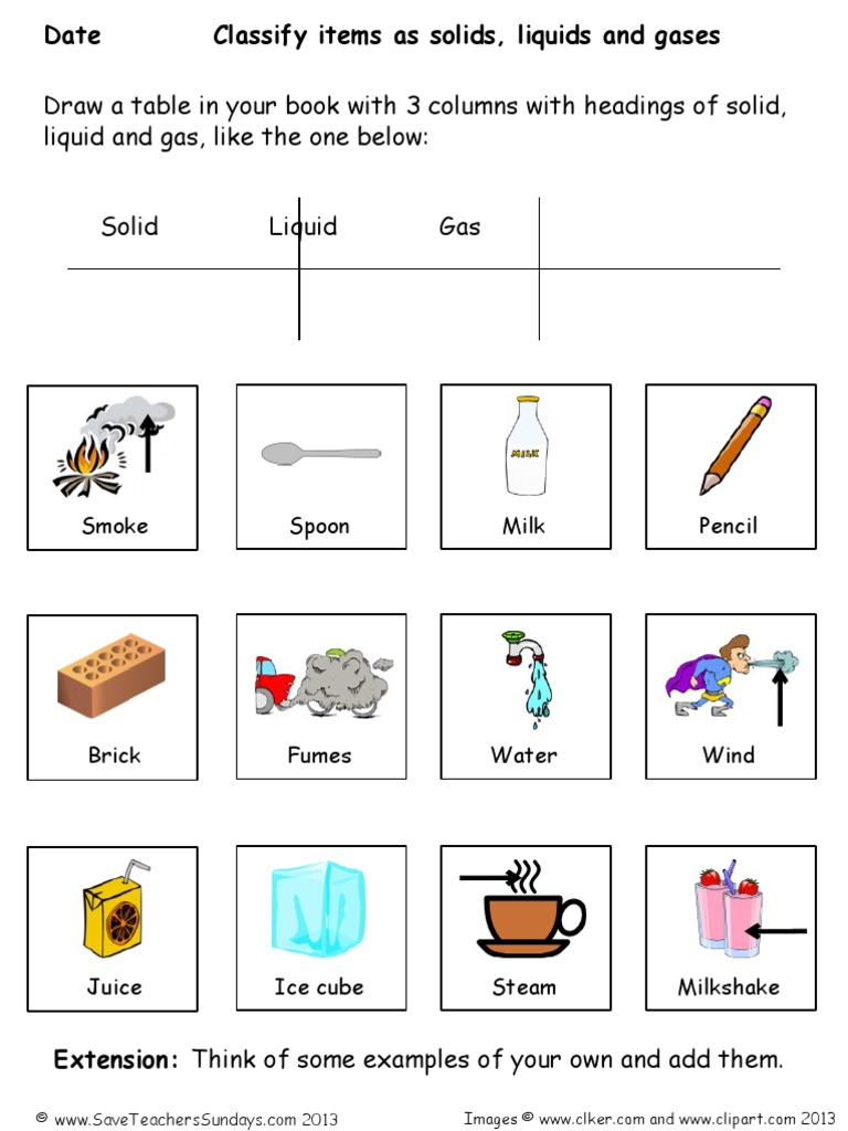 Lesson 1 - Classify Items As Solid, Liquid or Gas (Items To Classify ...