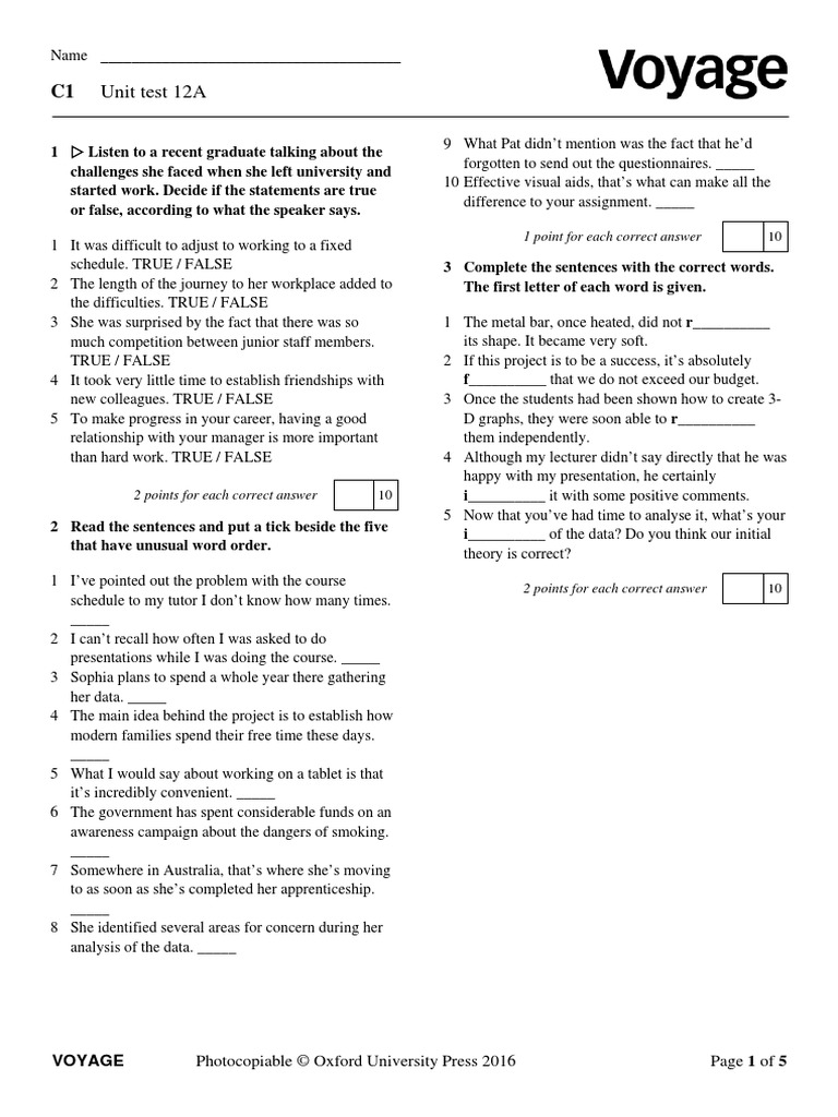 Unit Test 12A: 1 Point For Each Correct Answer 10 | PDF | Recall ...