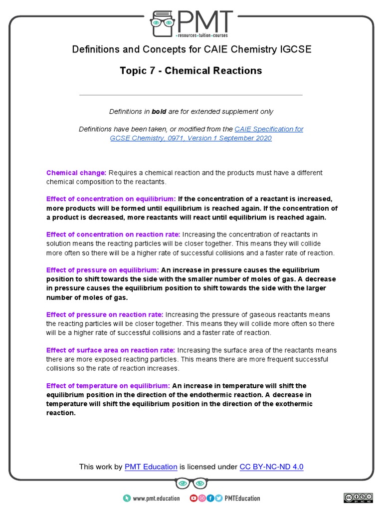 Definitions - Topic 7 Chemical Reactions - CAIE Chemistry IGCSE PDF ...